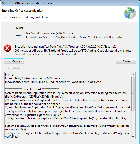Scrub error: Exception reading manifest from Scrub.VSTO.AddIns.Outlook.vsto Scrub error: Exception reading manifest from Scrub.VSTO.AddIns.Outlook.vsto
