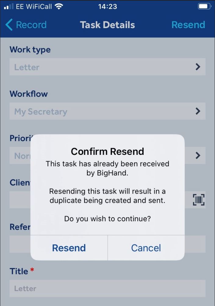 Does the BigHand Go mobile app allow users to resend dictations?