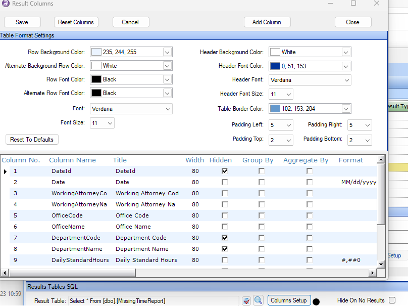 AlertManager GUI - Columns Setup